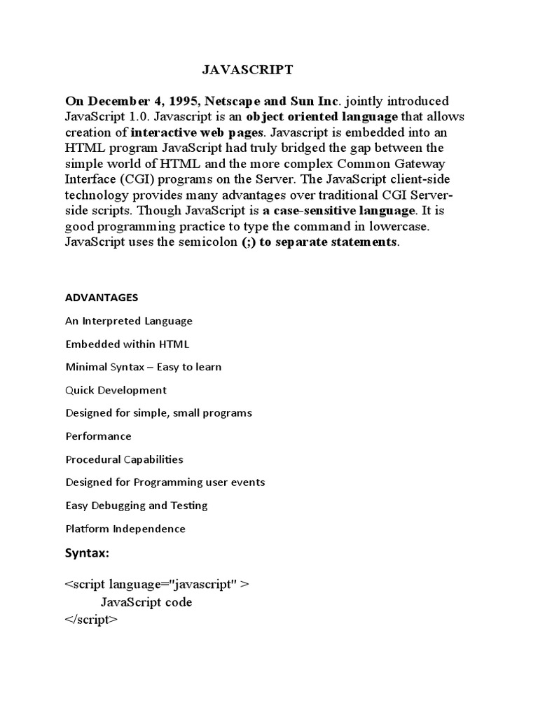 Javascript On December 4, 1995, Netscape and Sun Inc. Jointly ...