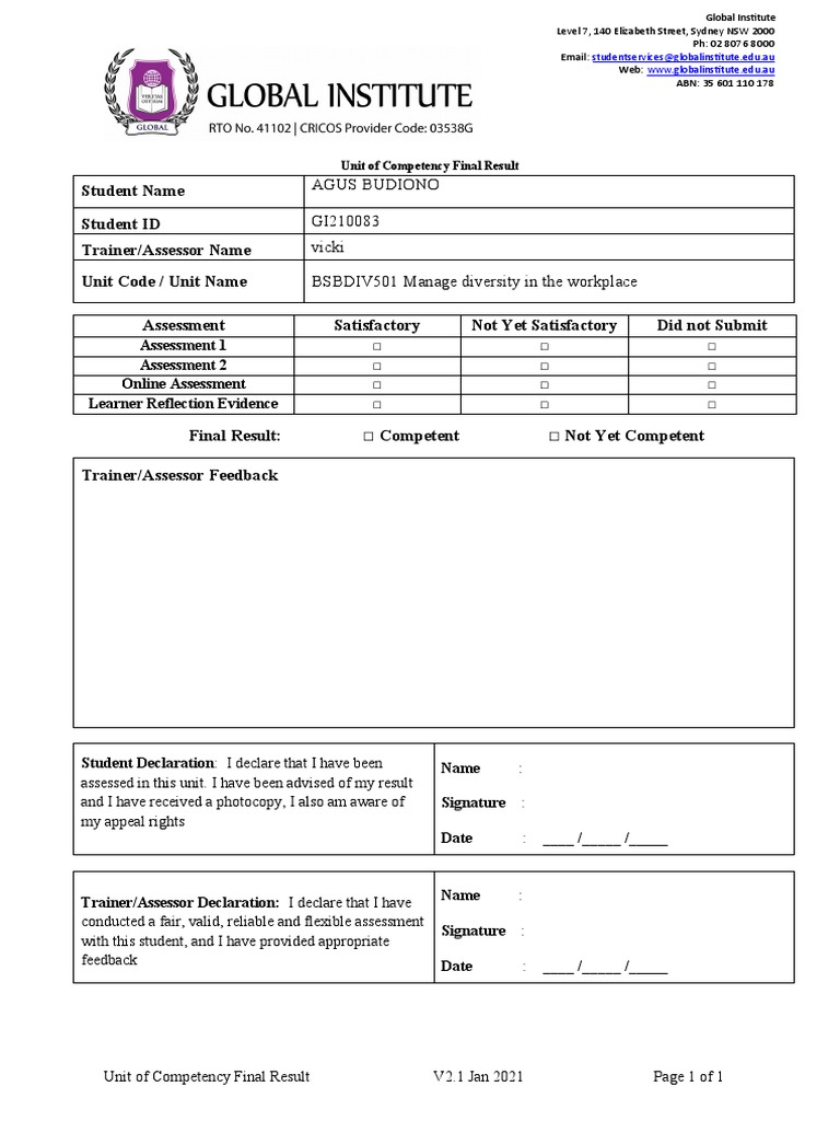 BSBDIV501 Unit of Competency Final Result V2 | PDF | Learning | Cognition