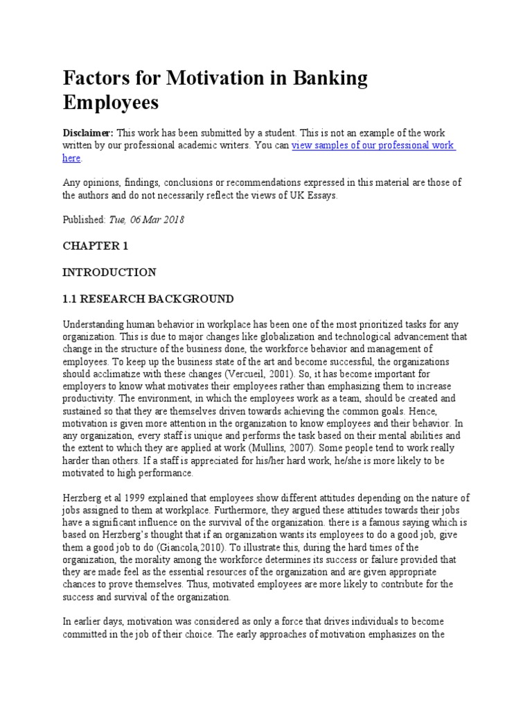 Factors For Motivation in Banking Employees | PDF | Motivational ...