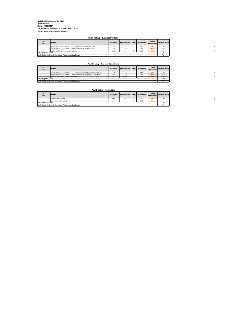 Branch Audit Rating Model (Submitted) | PDF | Loans | Payments