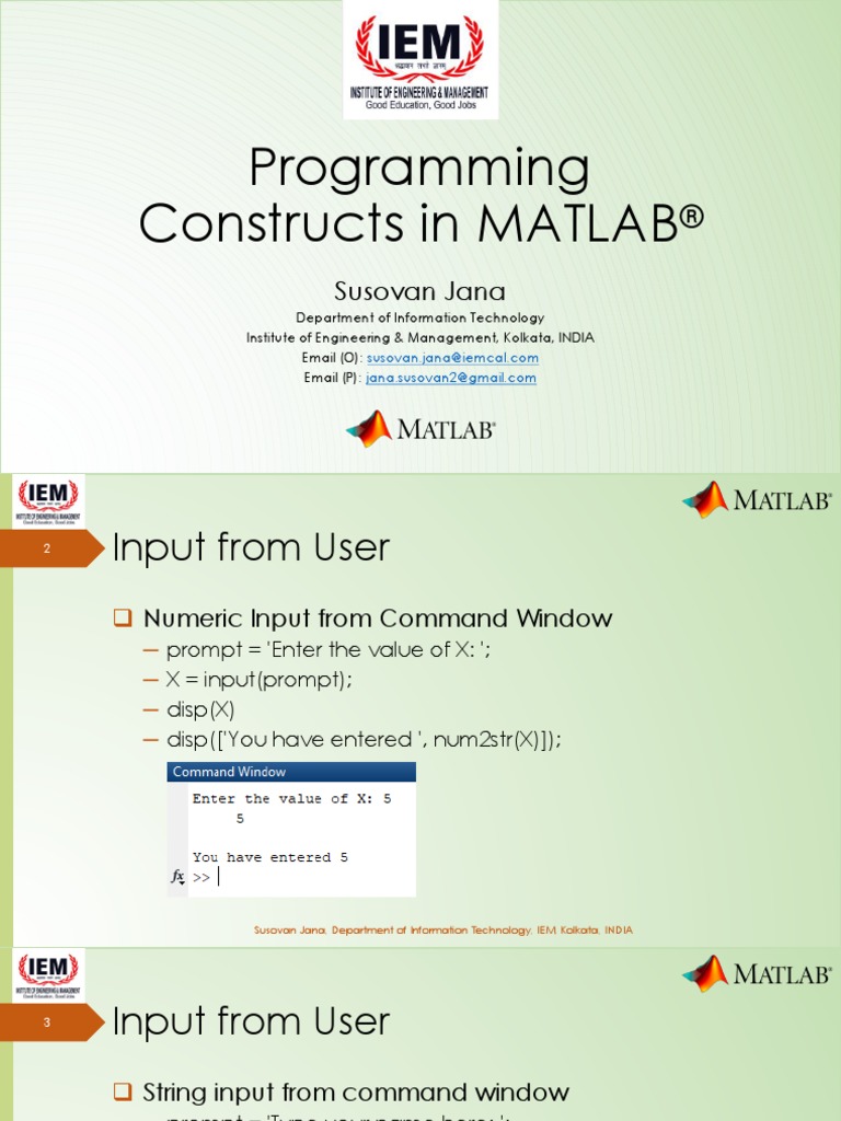Programming Constructs in MATLAB: Susovan Jana | Download Free PDF | Control Flow | Array Data ...
