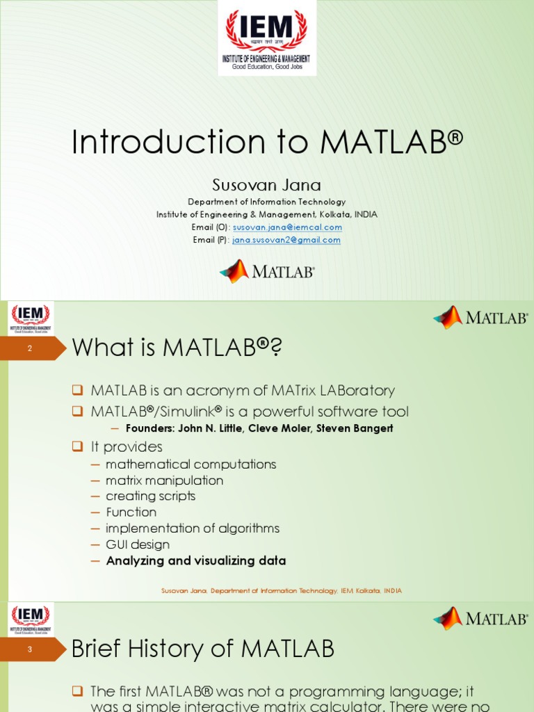 Introduction To MATLAB: Susovan Jana | PDF | Matlab | Computer Science