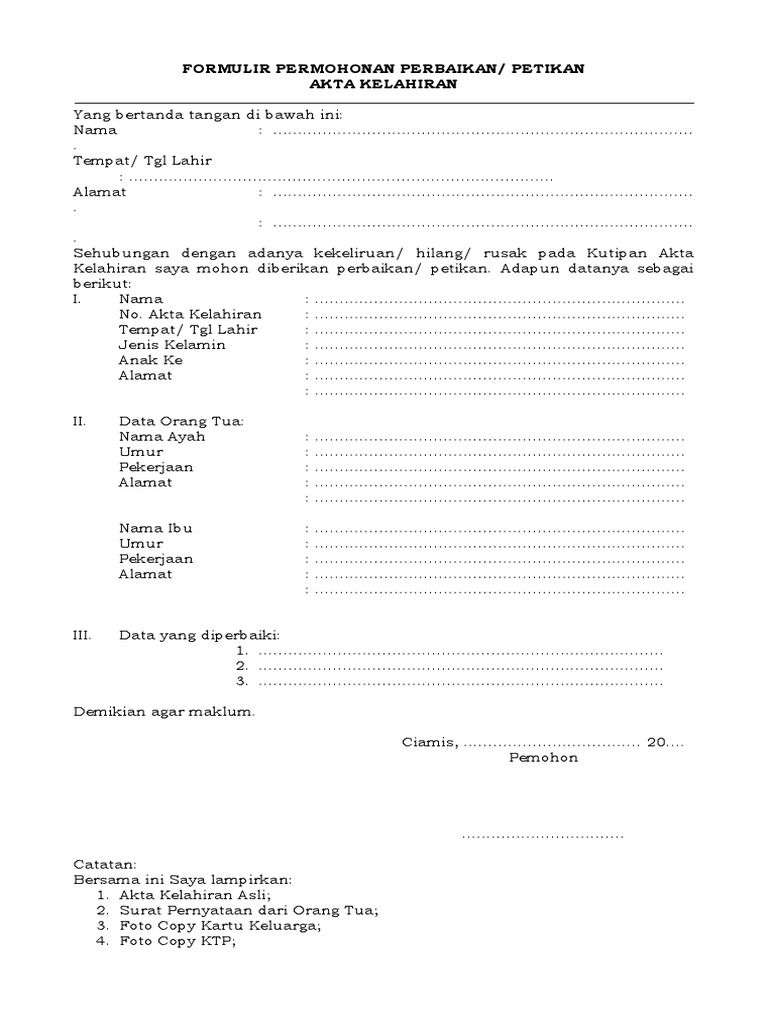 FORMULIR PERMOHONAN PERBAIKAN Akta Kelahiran | PDF