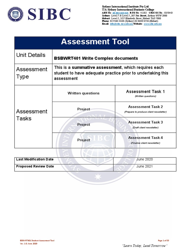 Assessment Overview for BSBWRT401 Write Complex Documents | PDF | Verb ...