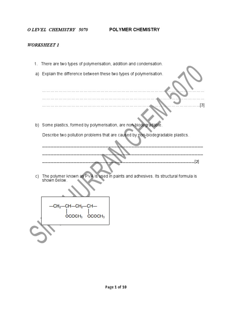 O Level Chemistry 5070 Polymer Chemistry Worksheet 1 | PDF ...
