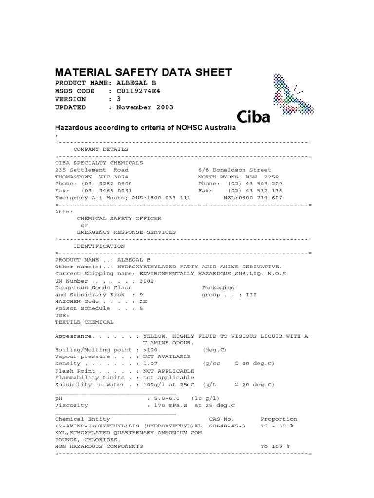 Albegal B msds | Dangerous Goods | Toxicity