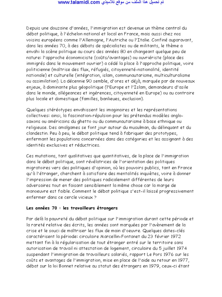 Évolution du débat sur l'immigration | PDF | Immigration | Intégration ...