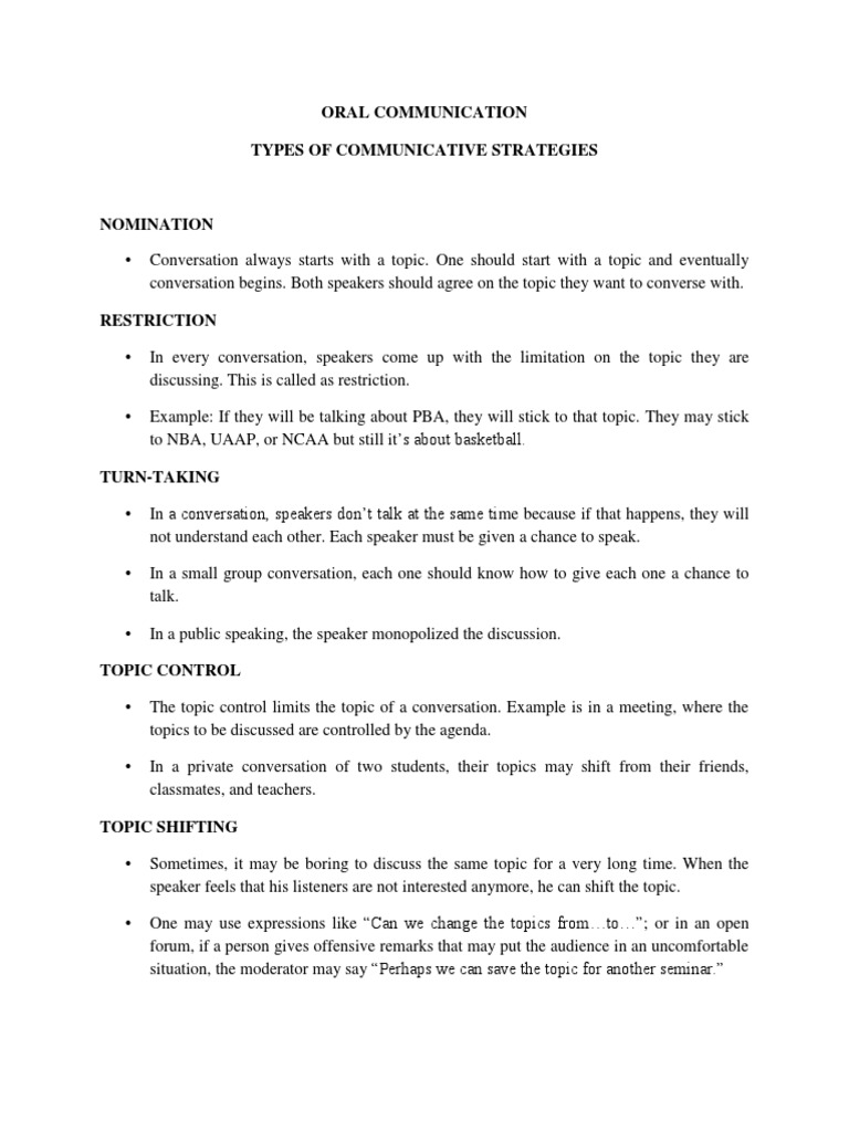Oral Communication Types of Communicative Strategies | PDF | Conversation | Cognitive Science