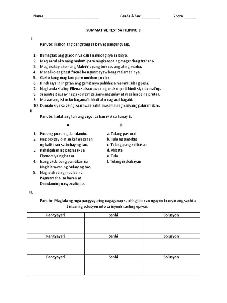 Summative Test Sa Filipino 9 | PDF