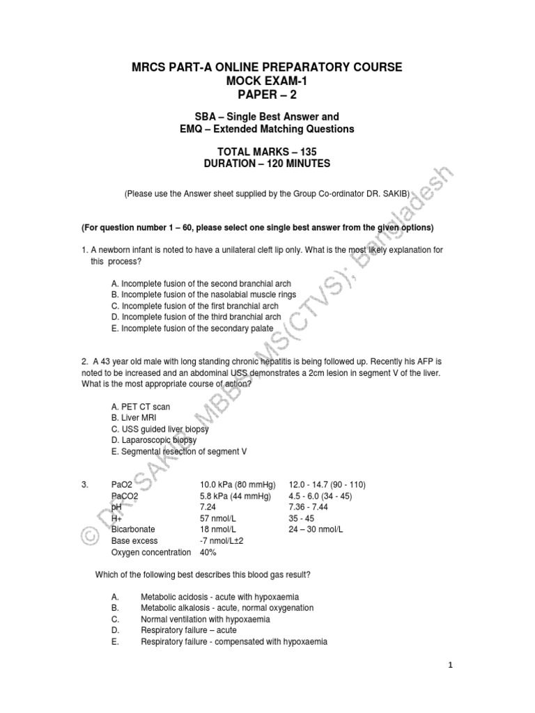 Mrcs Part-A Online Preparatory Course Mock Exam-1 Paper - 2 | PDF ...