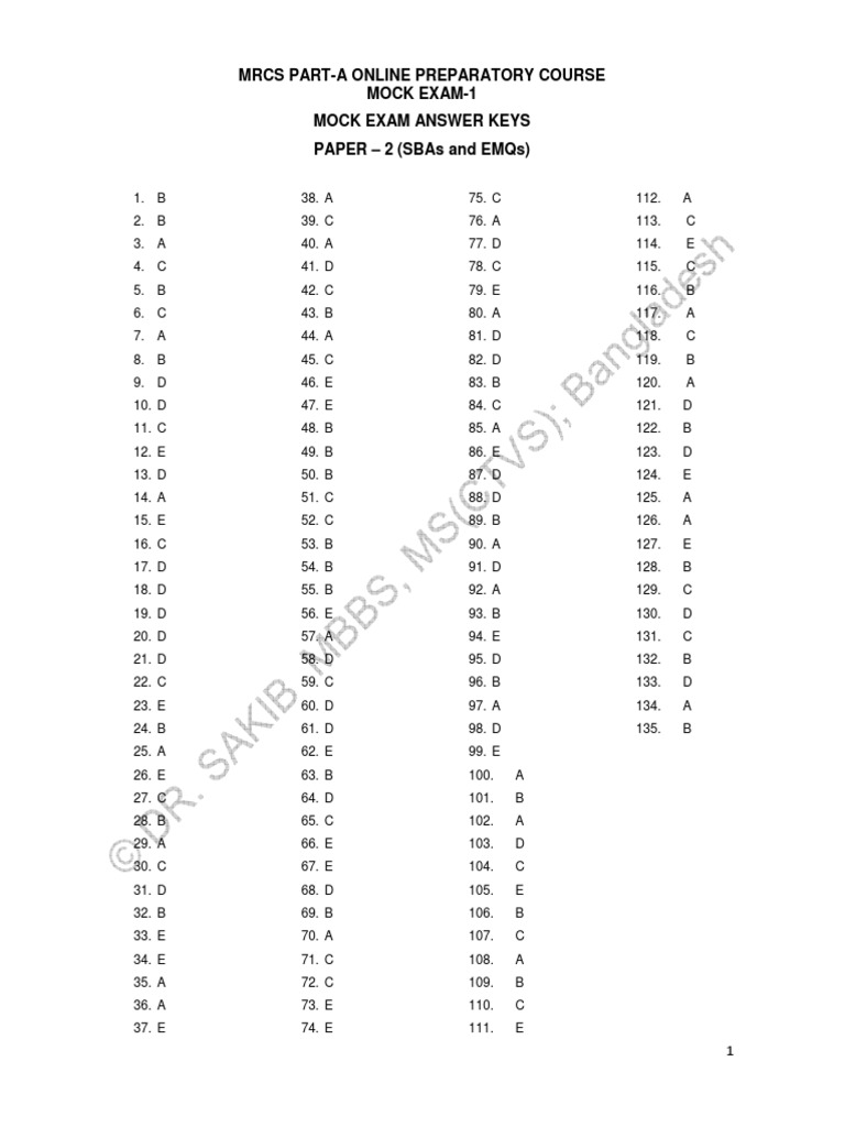 Mrcs Part-A Online Preparatory Course Mock Exam-1 Mock Exam Answer Keys ...