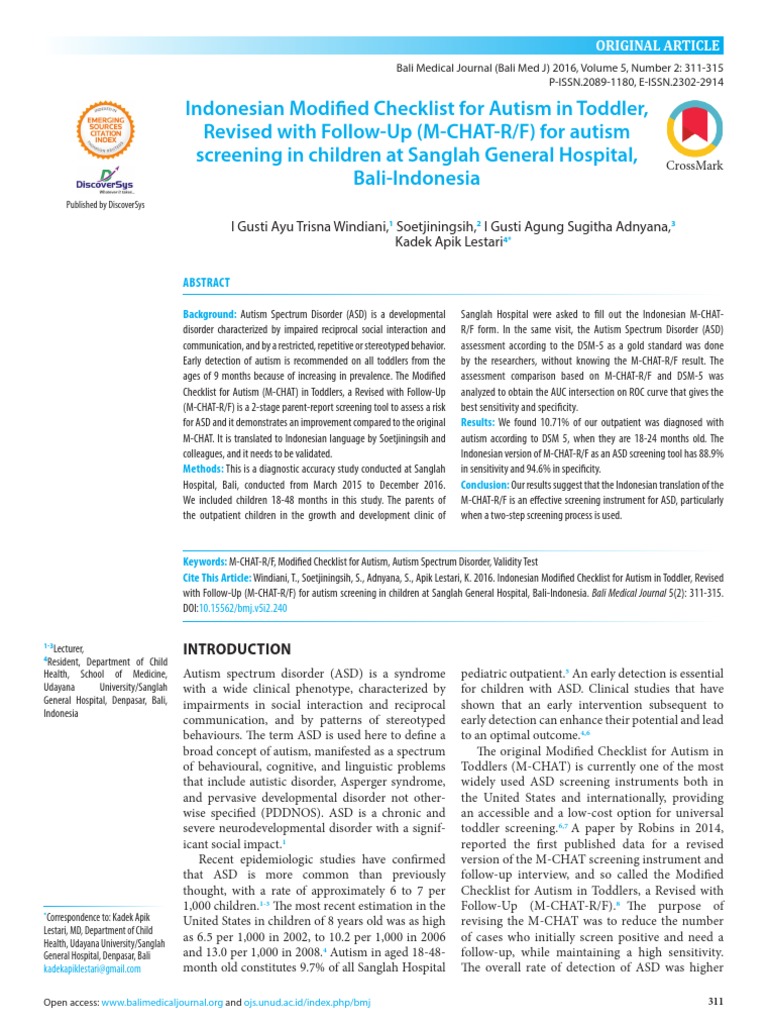 Indonesian M-CHAT-R/F Shows Promise as ASD Screening Tool | PDF ...
