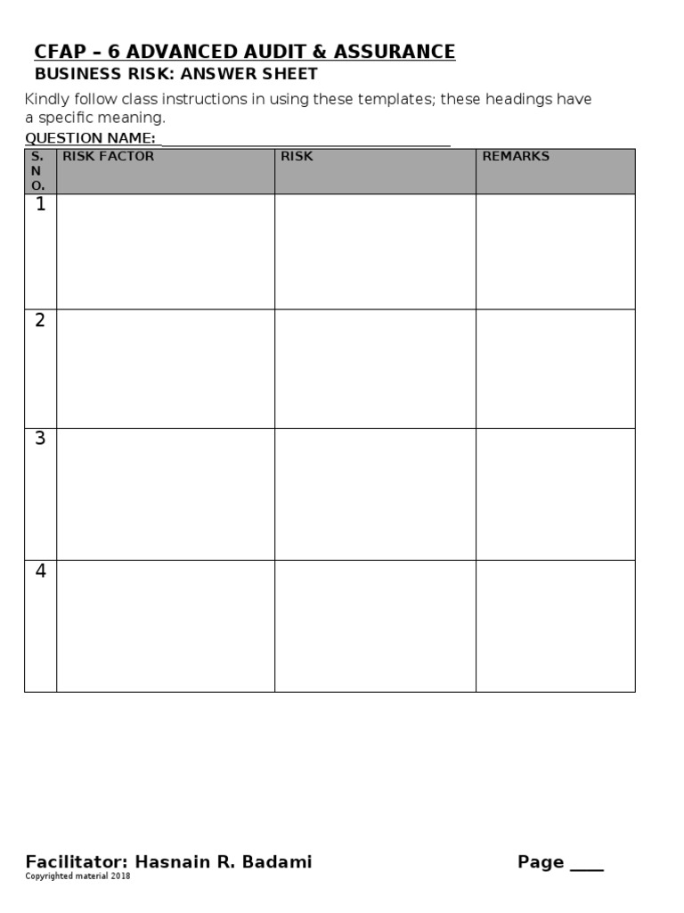 Cfap - 6 Advanced Audit & Assurance: Business Risk: Answer Sheet | PDF