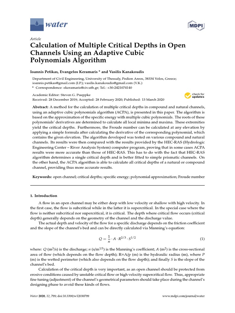Water: Calculation of Multiple Critical Depths in Open Channels Using ...