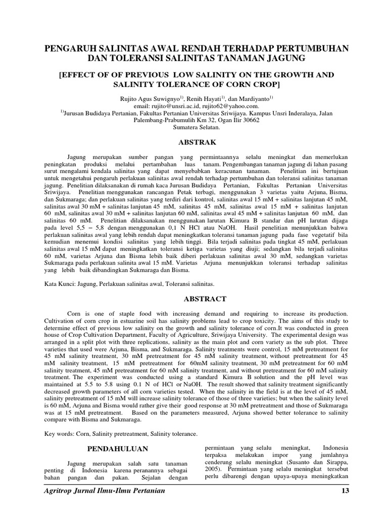 Pengaruh Salinitas Awal Rendah Terhadap Pertumbuhan Dan Toleransi Salinitas Tanaman Jagung | PDF