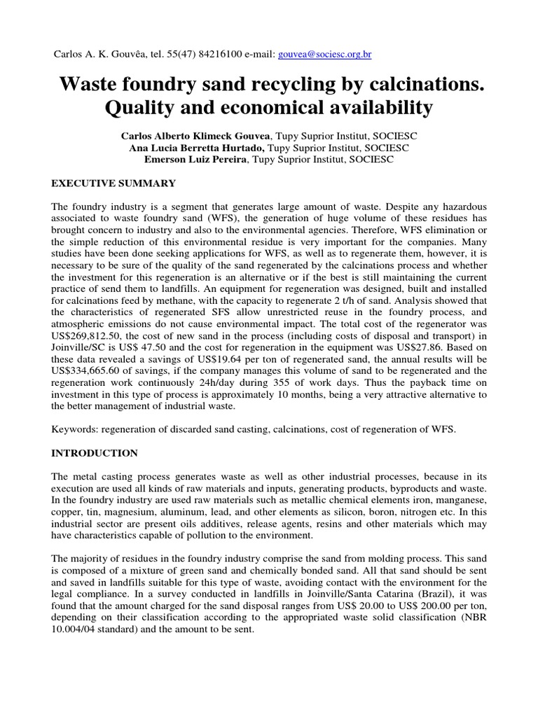 Waste Foundry Sand Recycling by Calcinations. Quality and Economical ...