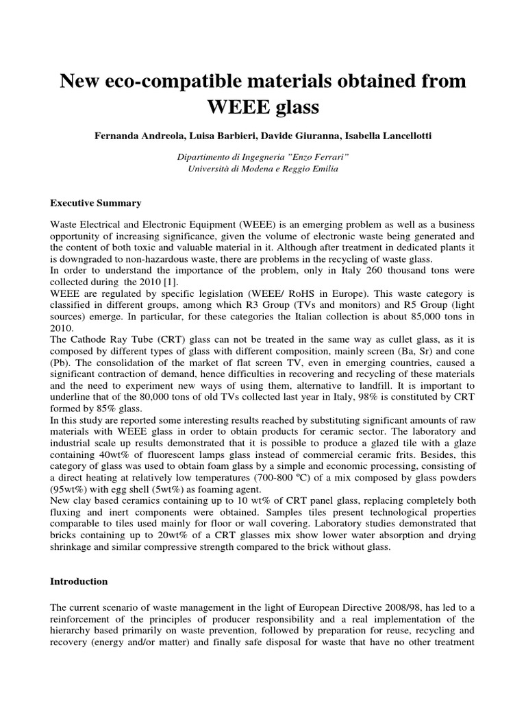 New Eco-Compatible Materials Obtained From WEEE Glass | PDF | Glasses ...