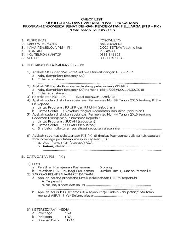 CHECK LIST PIS - PK Puskesmas Yosomulyo | PDF