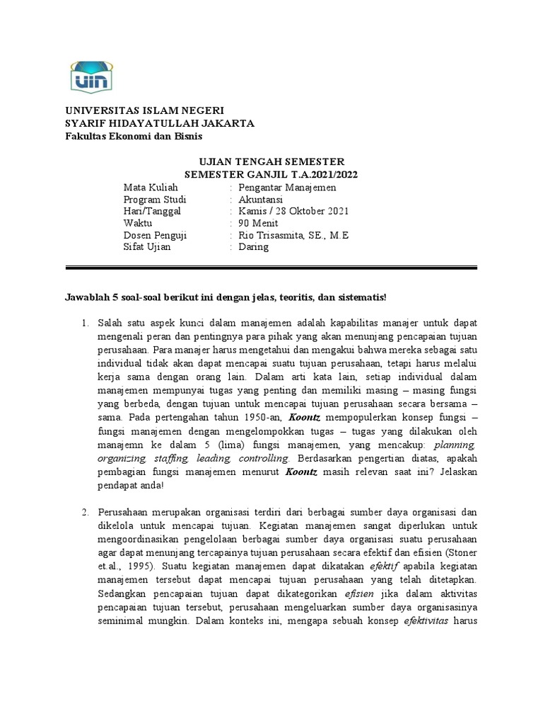 UTS Pengantar Manajemen 2021 | PDF | Bisnis | Pengembangan Diri