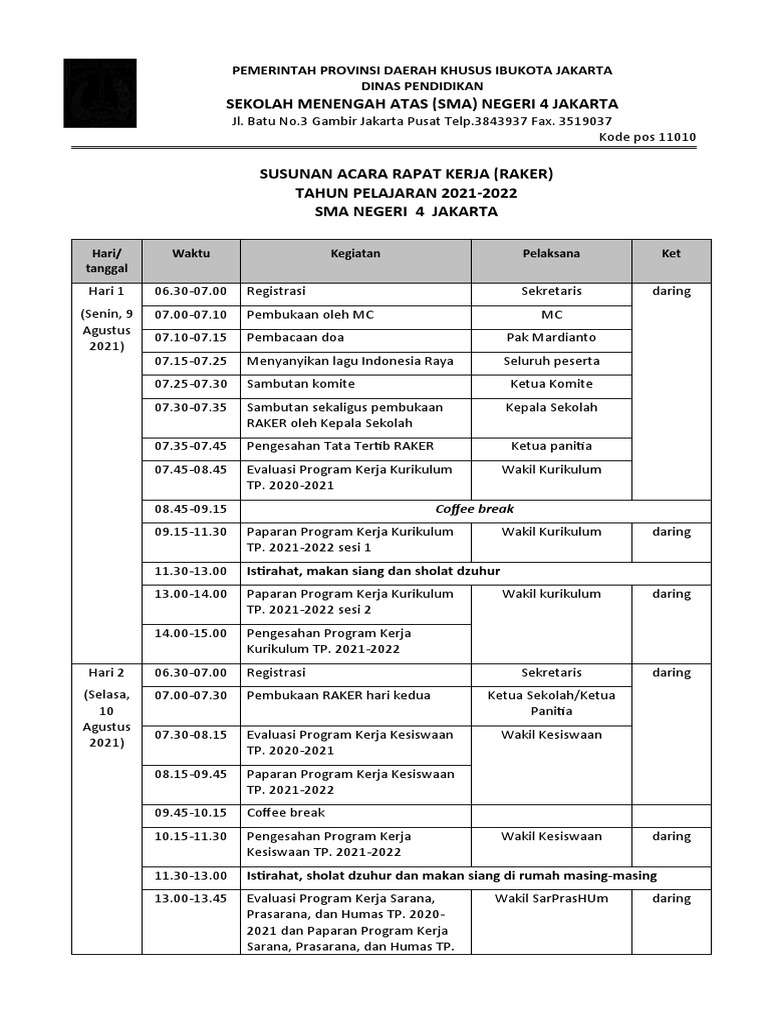 Susunan Acara Raker 2021-2022 | PDF