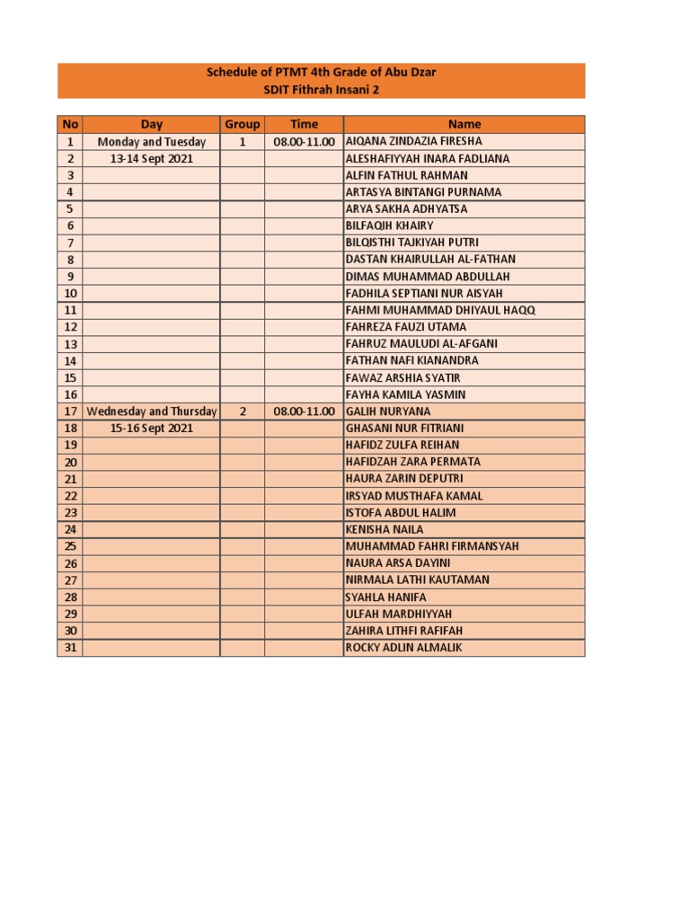 Schedule of PTMT 4th Grade of Abu Dzar SDIT Fithrah Insani 2 | PDF