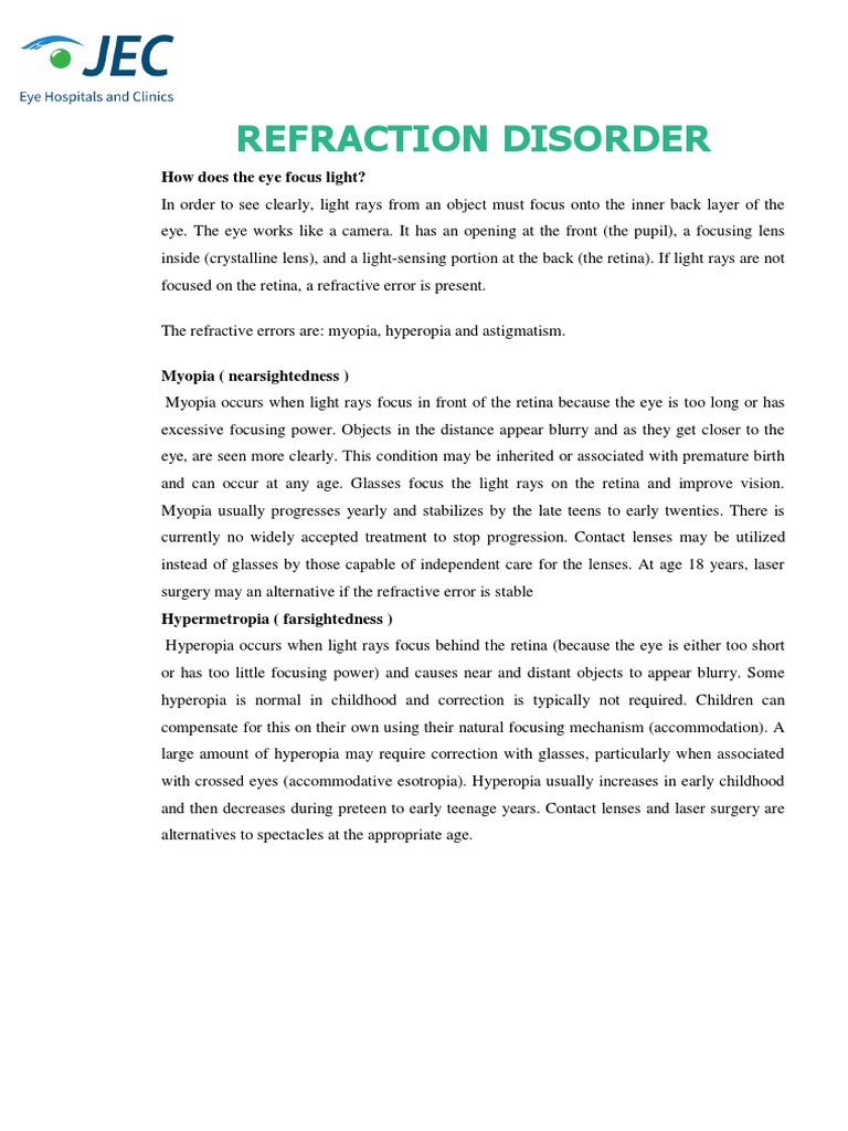 Refraction Disorder: How Does The Eye Focus Light? | PDF | Glasses | Eye