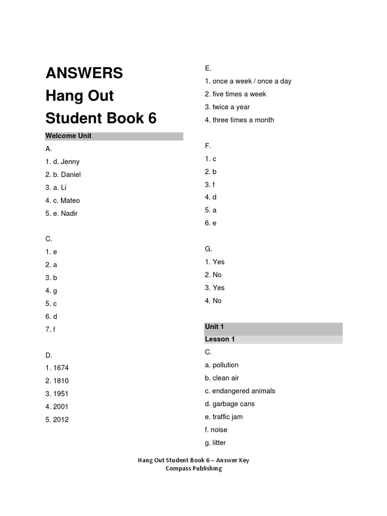 Answers Hang Out Student Book 6: Welcome Unit | PDF | Track And Field ...