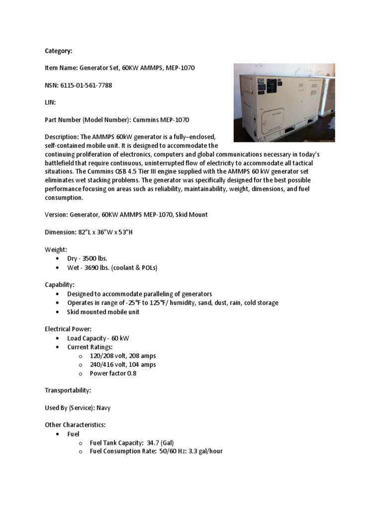 60KW AMMPS Generator Set MEP-1070 | PDF
