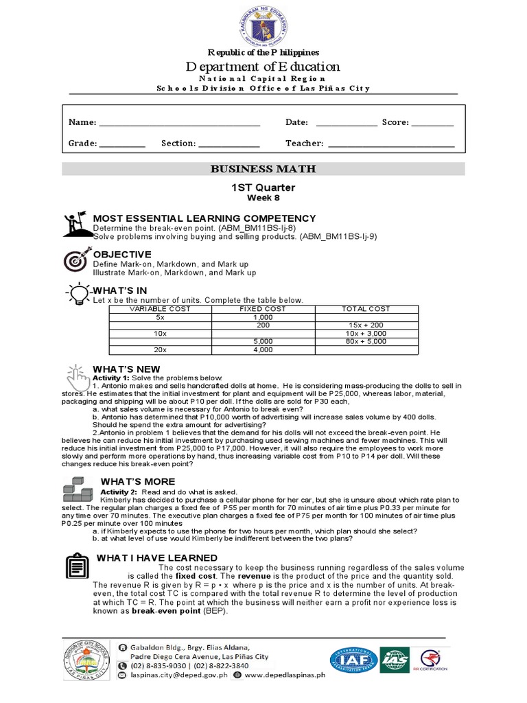 BM Worksheet q1 Week 8 4 | PDF | Marketing | Market (Economics)