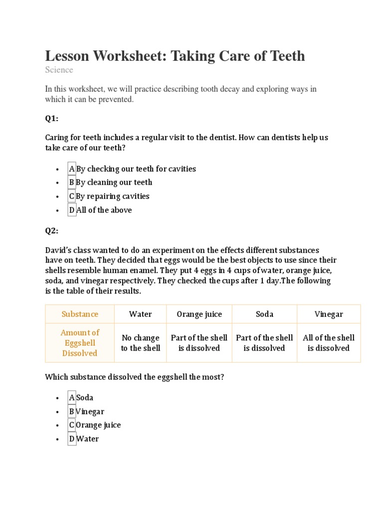 Lesson Worksheet: Taking Care of Teeth: Science | Download Free PDF ...