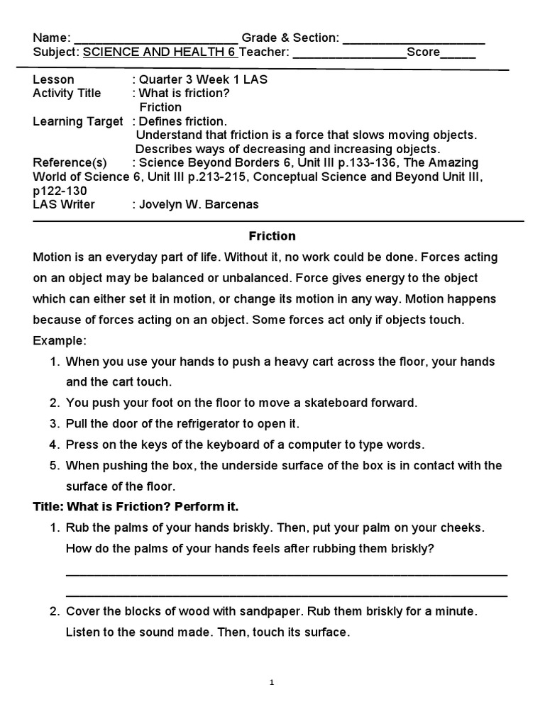 Science6 - LAS Q3 | PDF | Friction | Force