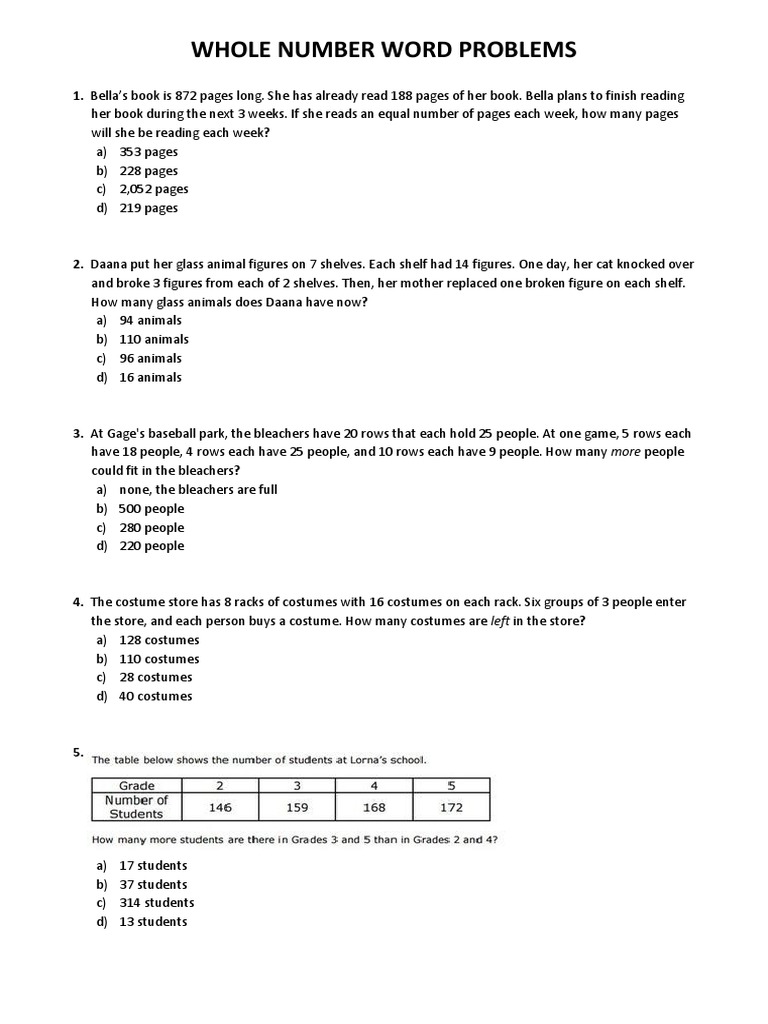 WHOLE NUMBER WORD PROBLEMS SOLUTIONS | PDF