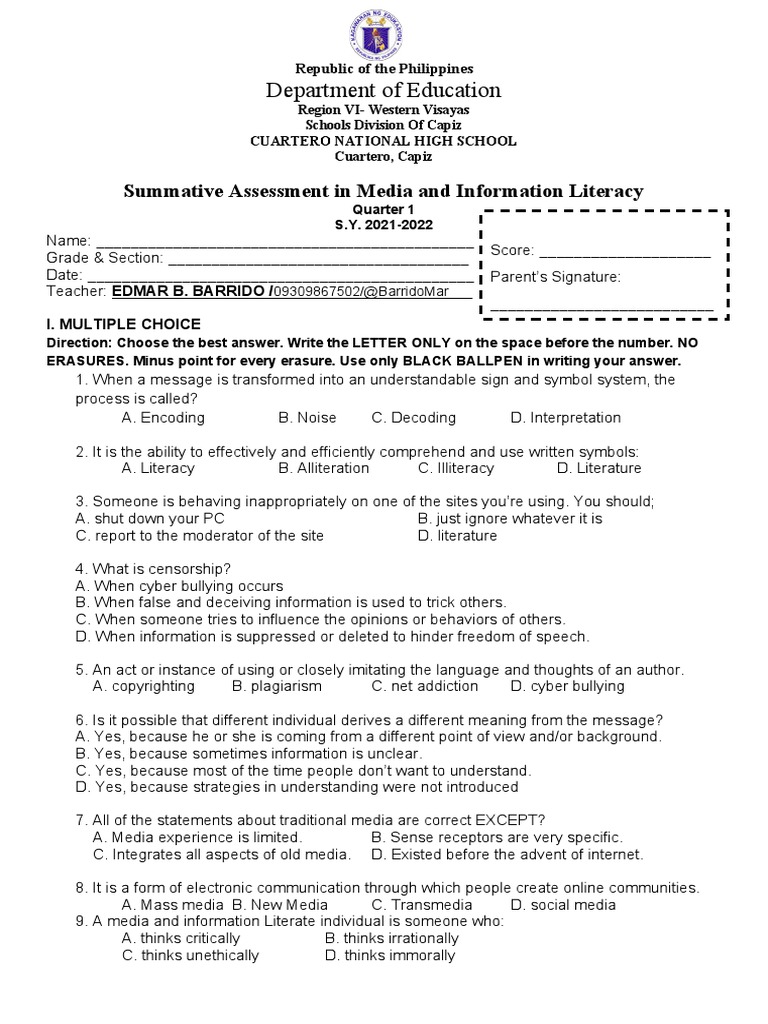 1st Summative Test in MIL | PDF | Media (Communication) | Mass Media