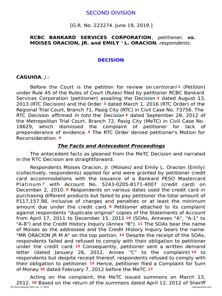 RCBC Bankard v. Oracion: Credit card case dismissal upheld | PDF ...