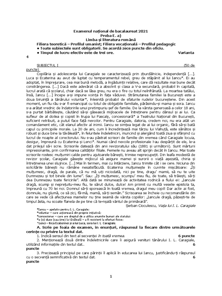 Examenul National de Bacalaureat 2021. Limba Si Literatura Romana Varianta 4. Sugestii de ...