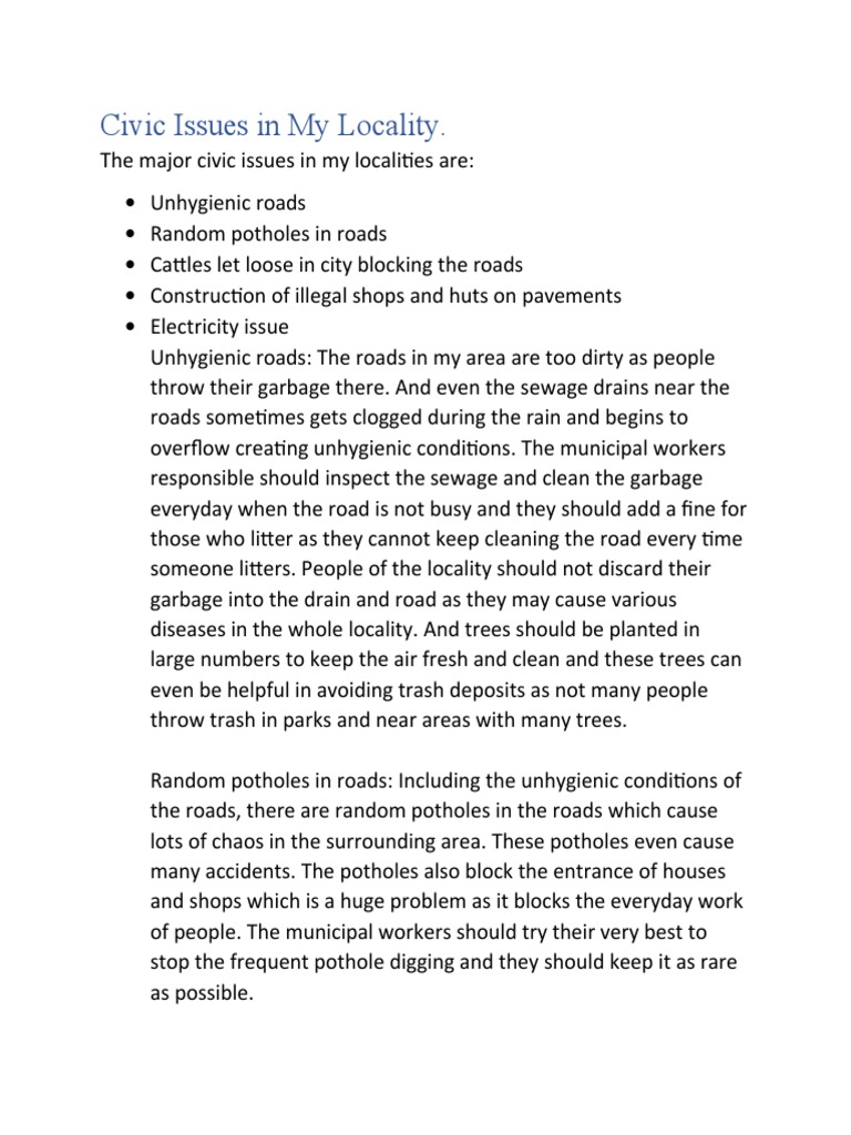 Civic Issues and Solutions in My Locality | PDF | Road | Pedestrian