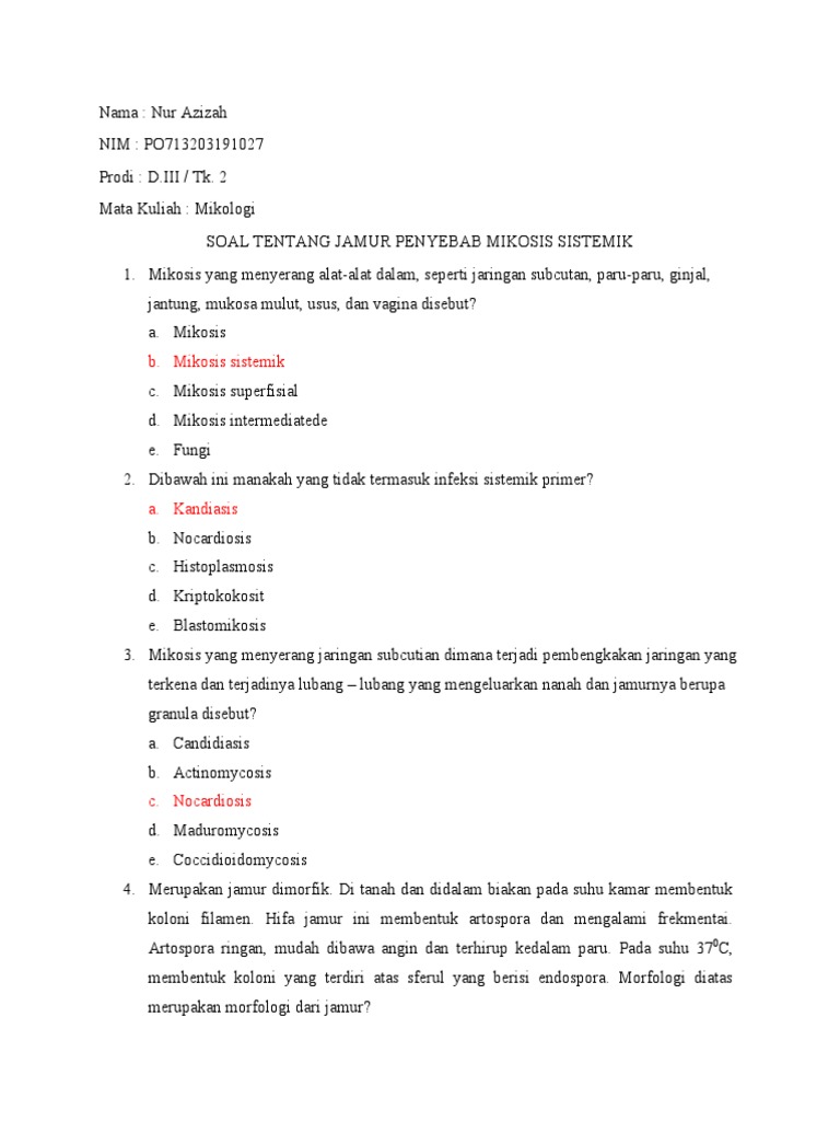 027 - Nur Azizah - Soal Tentang Jamur Penyebab Mikosis Sistemik | PDF