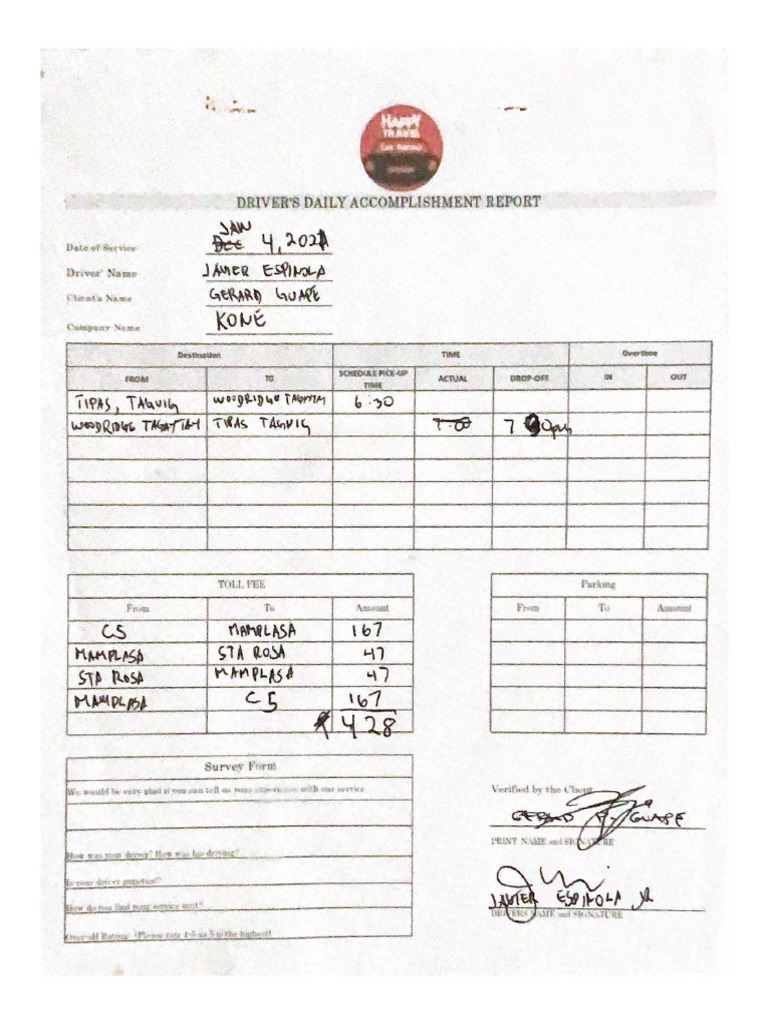 Driver's Daily Accomplishment Report | PDF