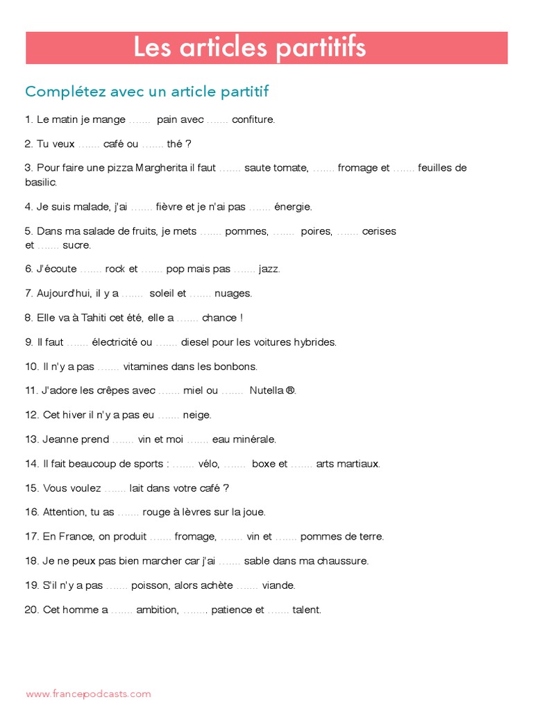 Articles Partitifs Exercice Et Corrigé | PDF | Nourritures | Cuisine