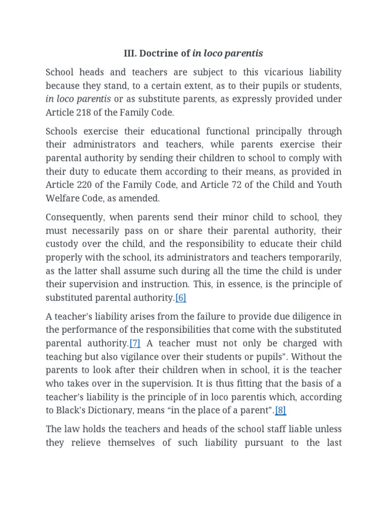 In Loco Parentis or As Substitute Parents, As Expressly Provided Under ...
