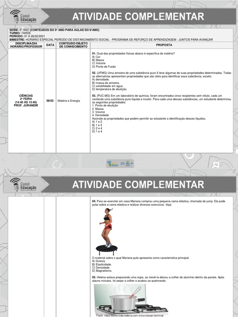 Atividade Complementar 6º Ano Ensino Fundamental - Fevereiro | PDF ...