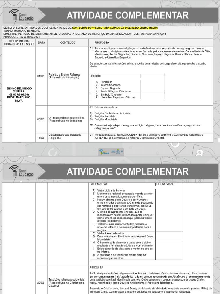 Atividade Complementar 2 Série - Fevereiro.2021 | PDF | Triângulo | Deus