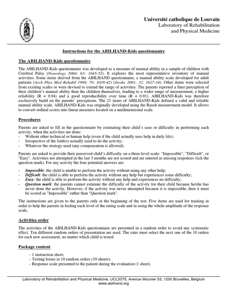 Instructions For The ABILHAND-Kids Questionnaire The ABILHAND-Kids ...