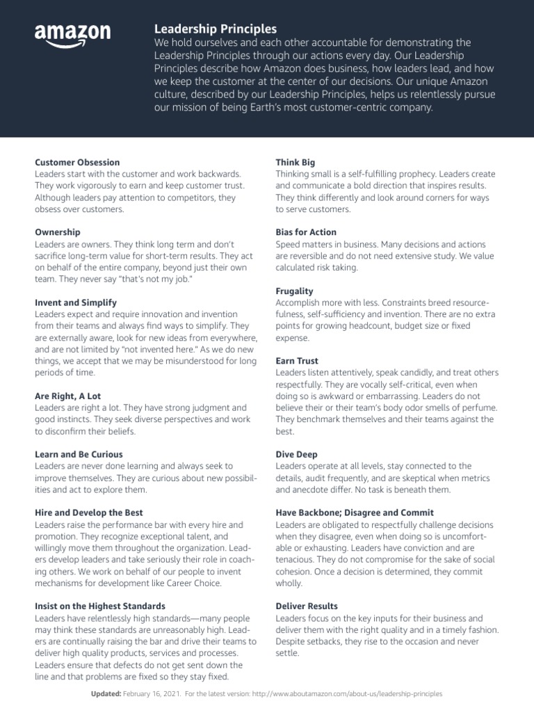 Amazon Leadership Principles 02162021d | PDF | Leadership | Cognition
