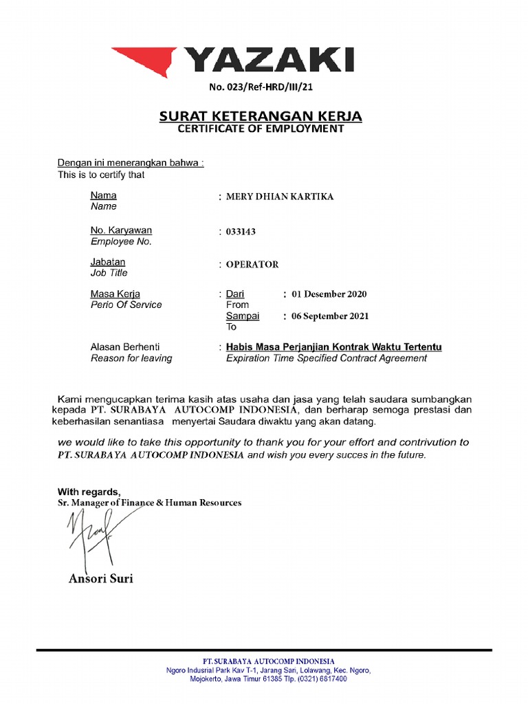 PT Yazaki Paklaring | PDF