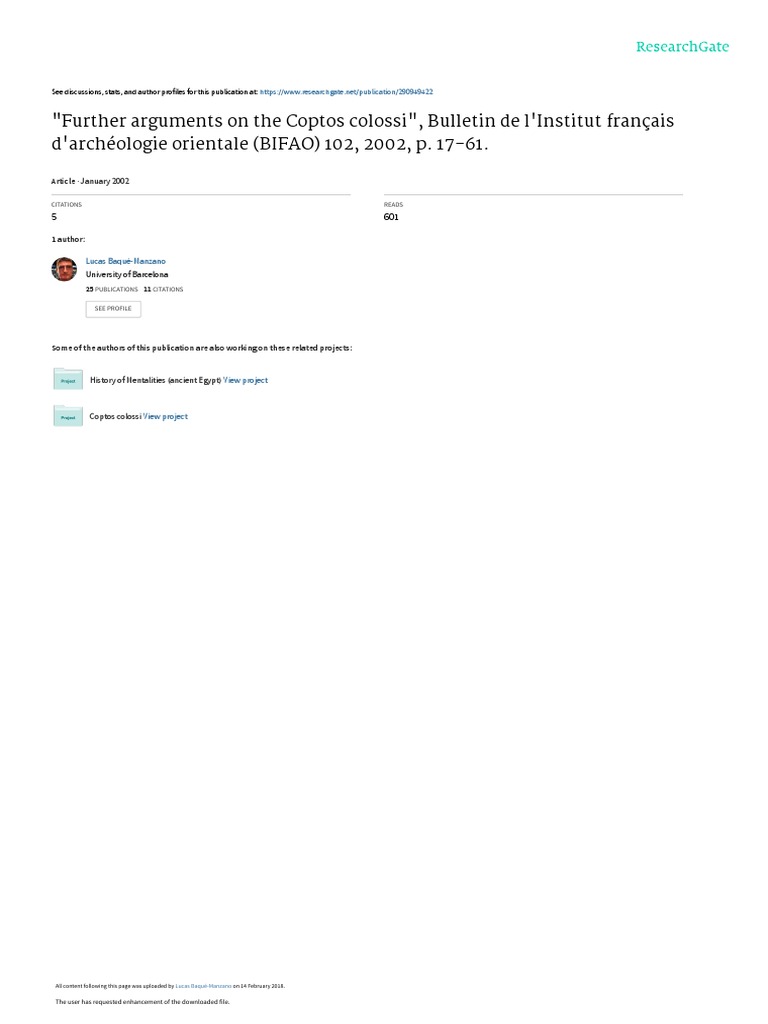 "Further Arguments On The Coptos Colossi", Bulletin de L'institut ...