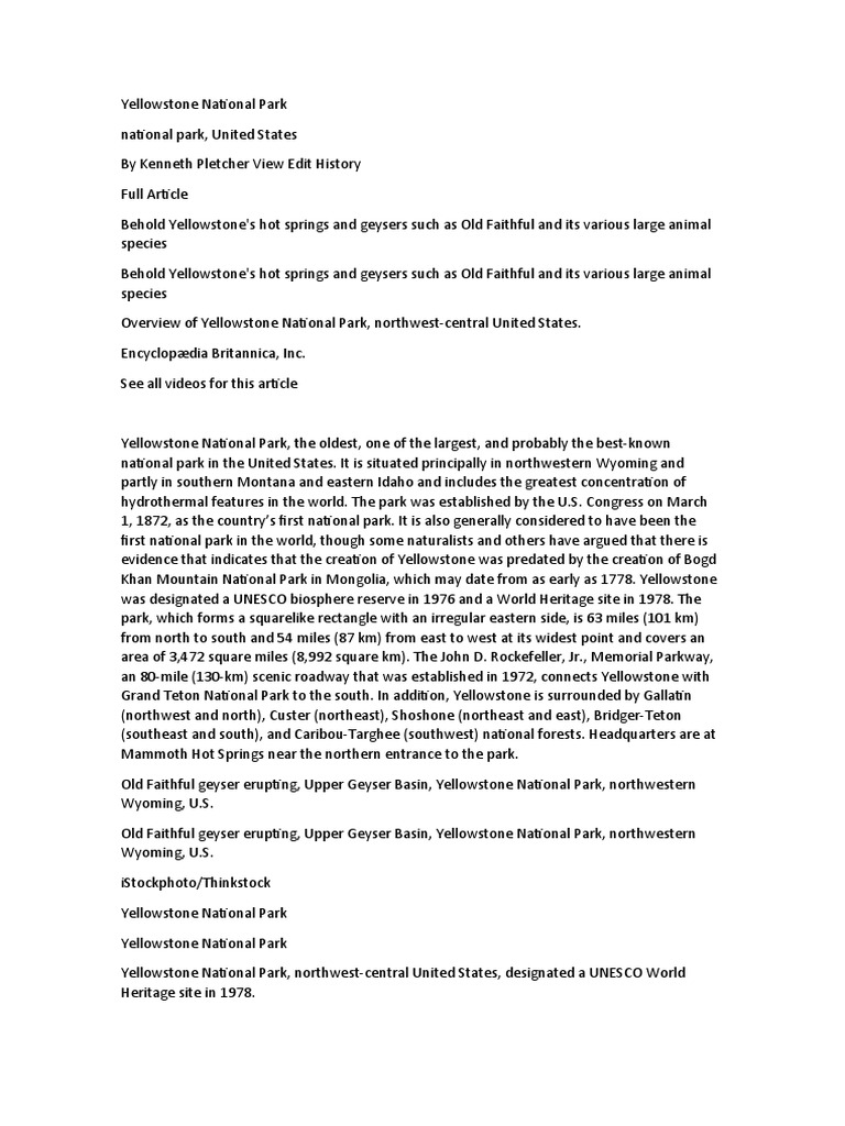 Yellowstone National Park | PDF | Yellowstone National Park | Volcano