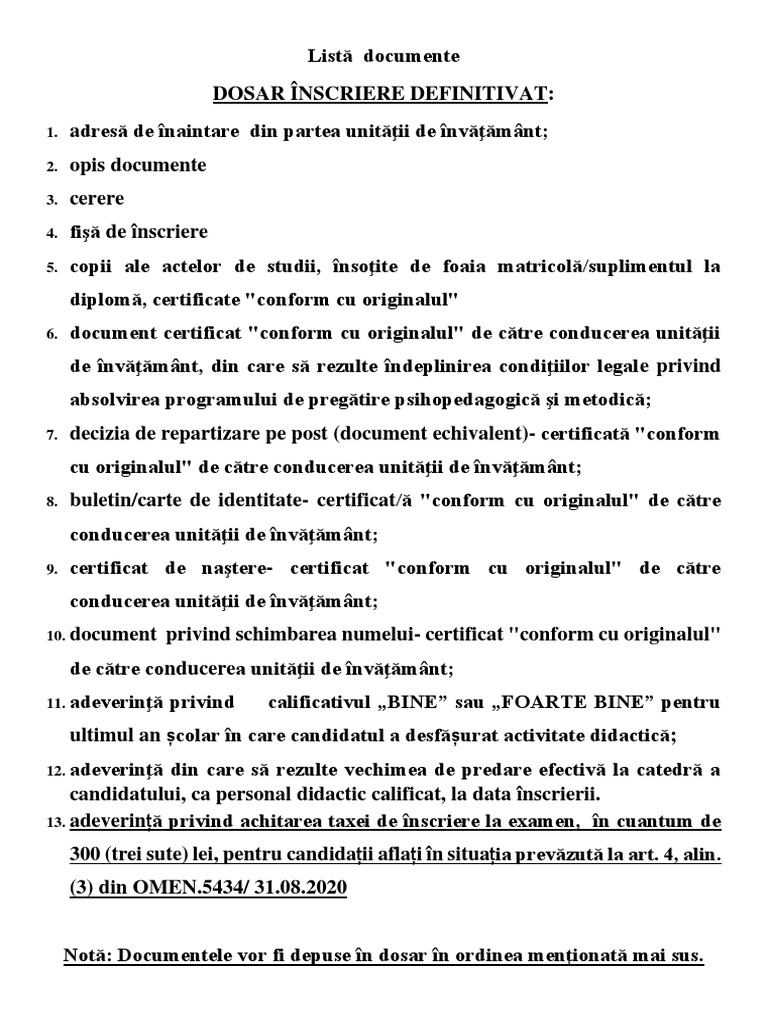 Ordinea Documentelor Din Dosar Definitivat | PDF