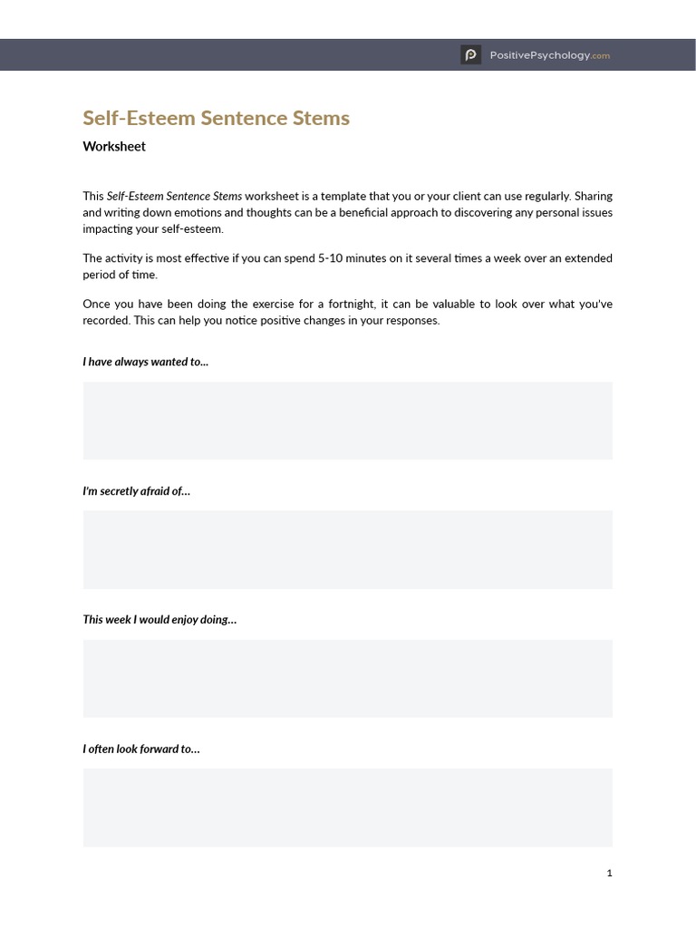 Self-Esteem Sentence Stems: Worksheet | PDF