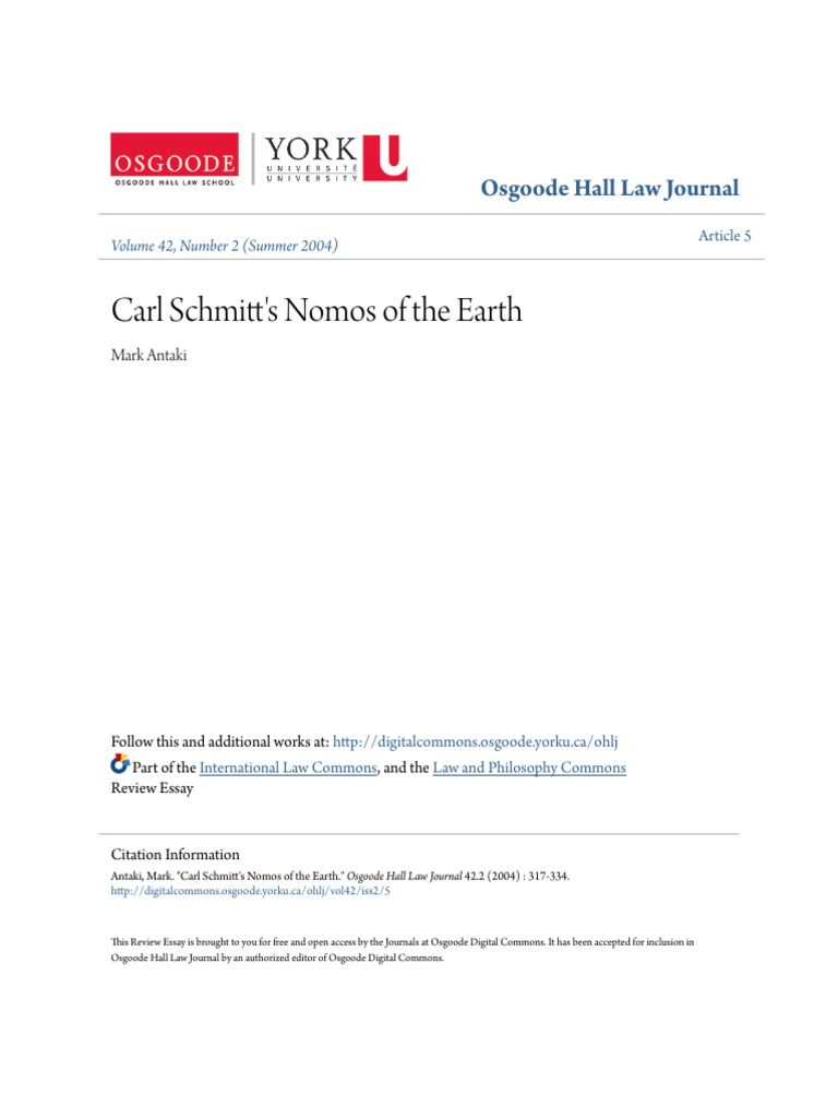 Carl Schimitt's Nomos of The Earth - Mark Antaki | PDF | Sovereignty | Liberalism